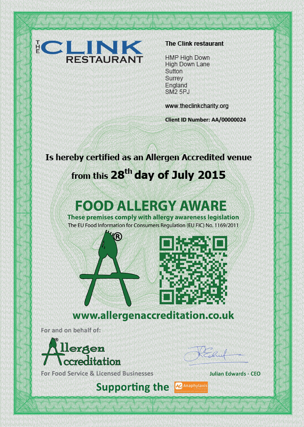 Allergen Friendly at The Clink Restaurant HMP High Down – Allergen ...